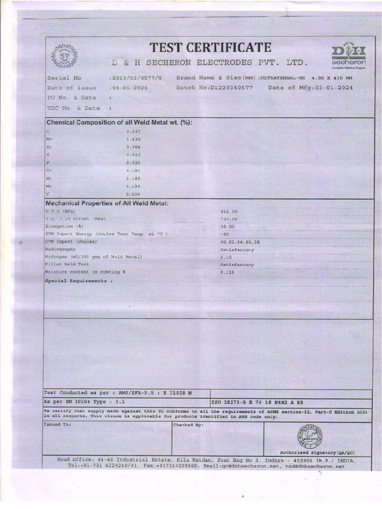 Welding Rod MTC | PDF