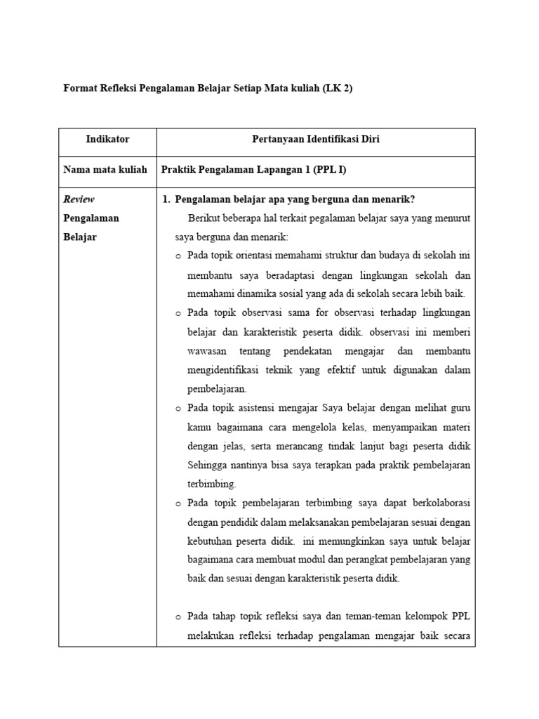 Refleksi Pengalaman Belajar PPL 1 | PDF