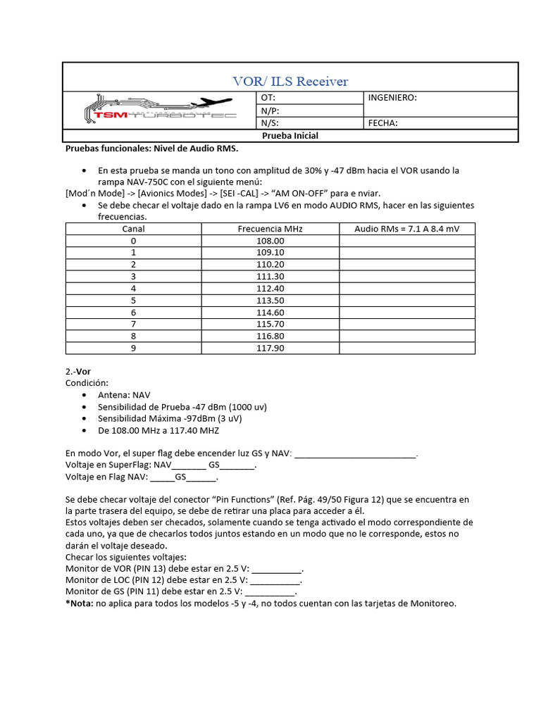 VOR/ ILS Receiver: Prueba Inicial Pruebas Funcionales: Nivel de Audio ...