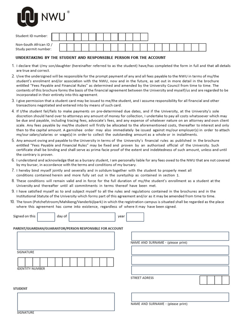 NWU Financial Undertaking Form 2026 | PDF | Salary | Fee