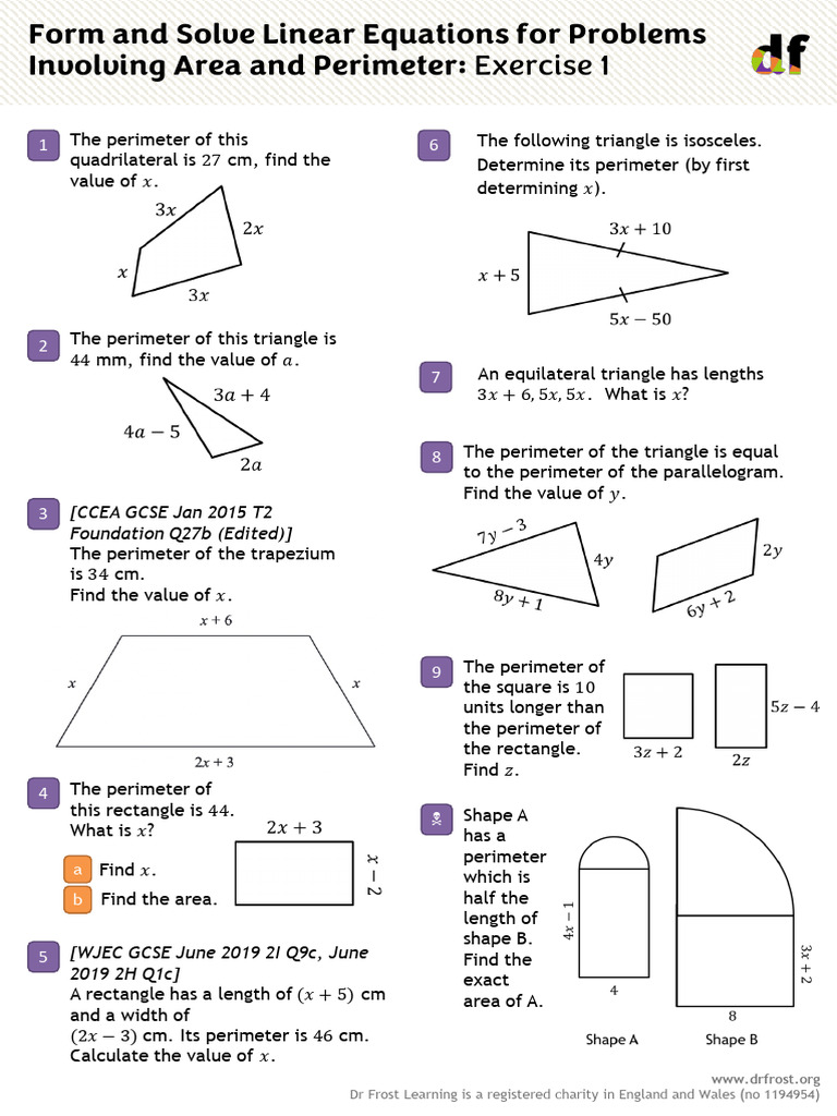 Form and Solve Linear Equations For Problems Involving Perimeter ONLY ...