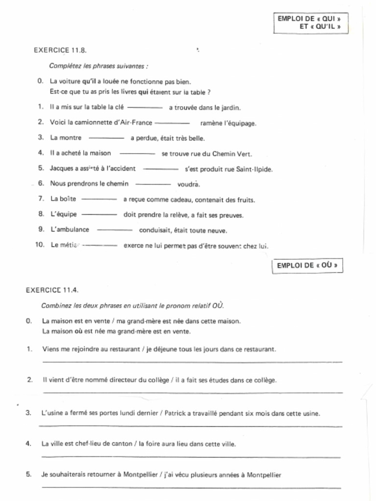 Exercices Sur Les Pronoms Relatifs Qui, Que, Où | PDF