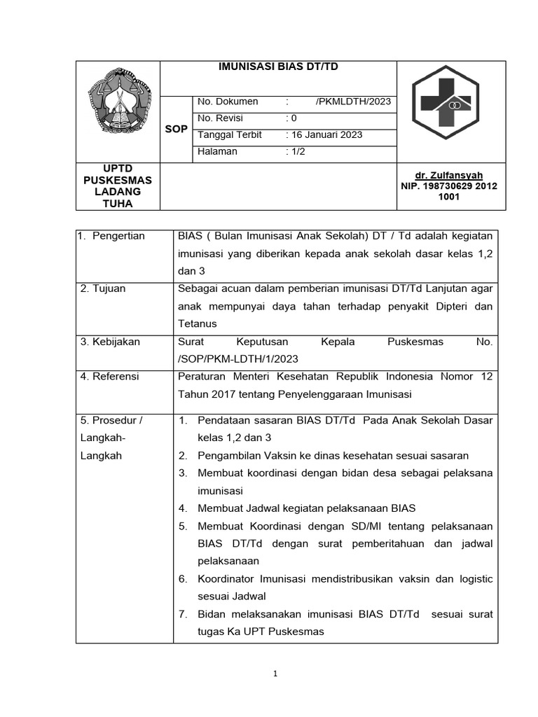 Sop Imunisasi Bias DT Dan TD | PDF