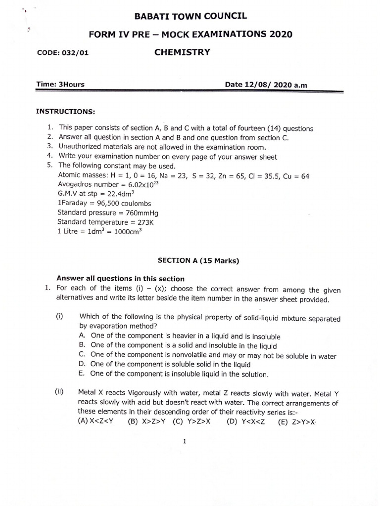 Chemistry F4 Mock Babati Pdf