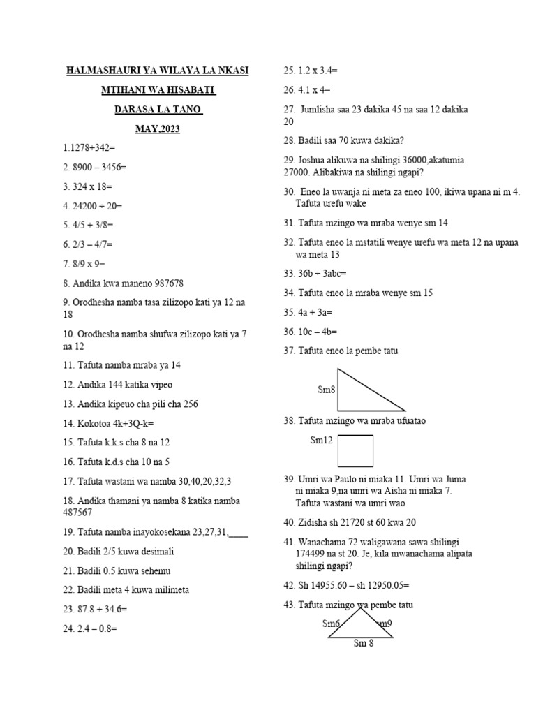 Hisabati Darasa La Tano | PDF