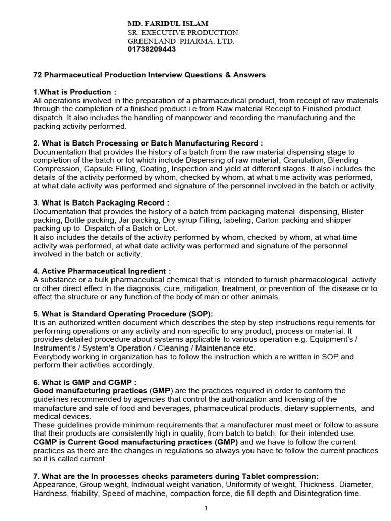 72 Pharmaceutical Production Interview Questions | PDF | Verification ...