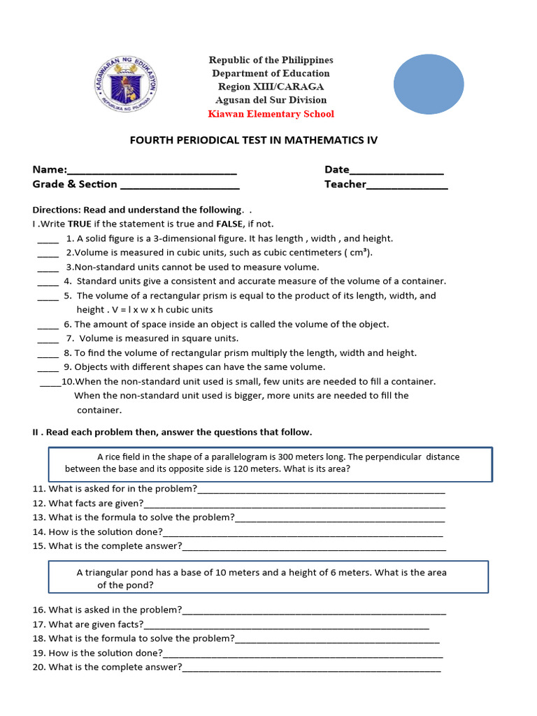 PT - Mathematics 4 - Q4 V2 | PDF | Volume | Area