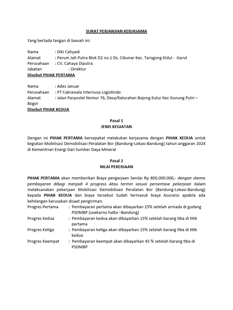 SURAT PERJANJIAN KERJASAMA Beras P. Roni | PDF