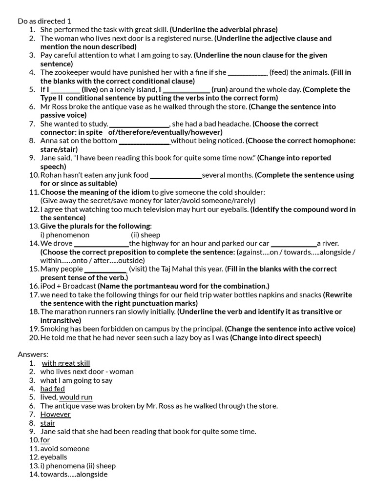 Class 7 English Grammar Worksheet | PDF | Verb | Sentence (Linguistics)
