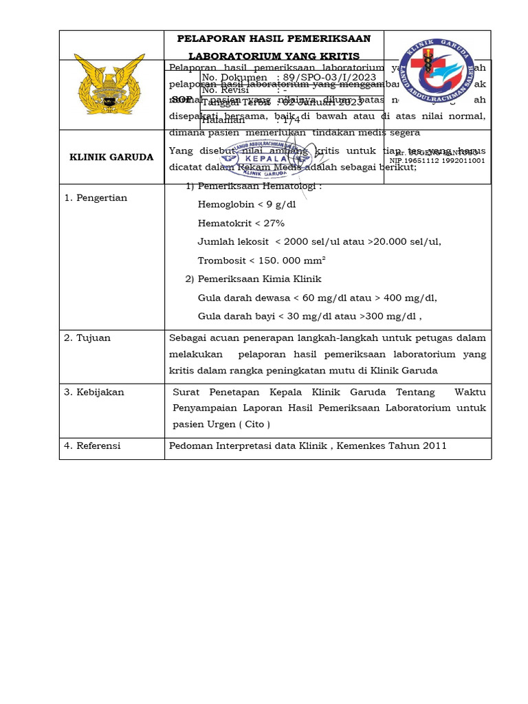 Prosedur Pelaporan Hasil Laboratorium Kritis | PDF
