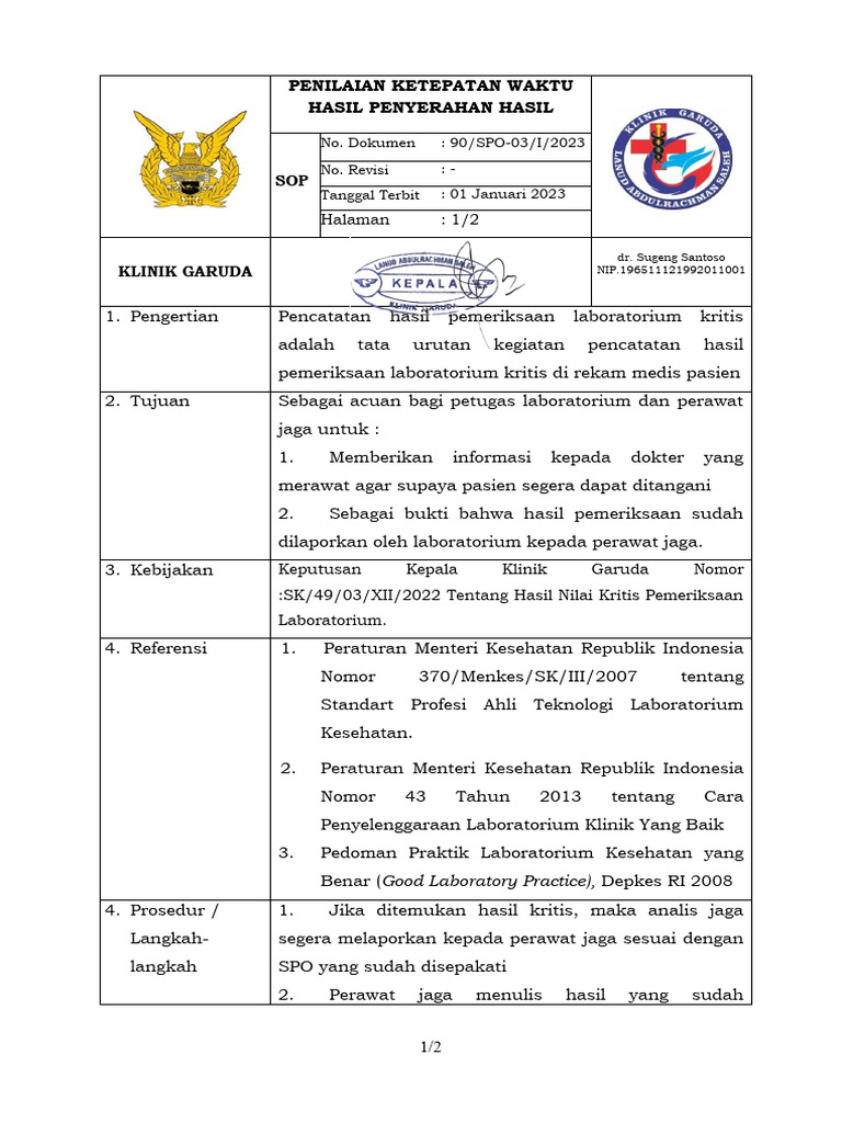 Sop Pencatatan Hasil Laboratorium Kritis | PDF