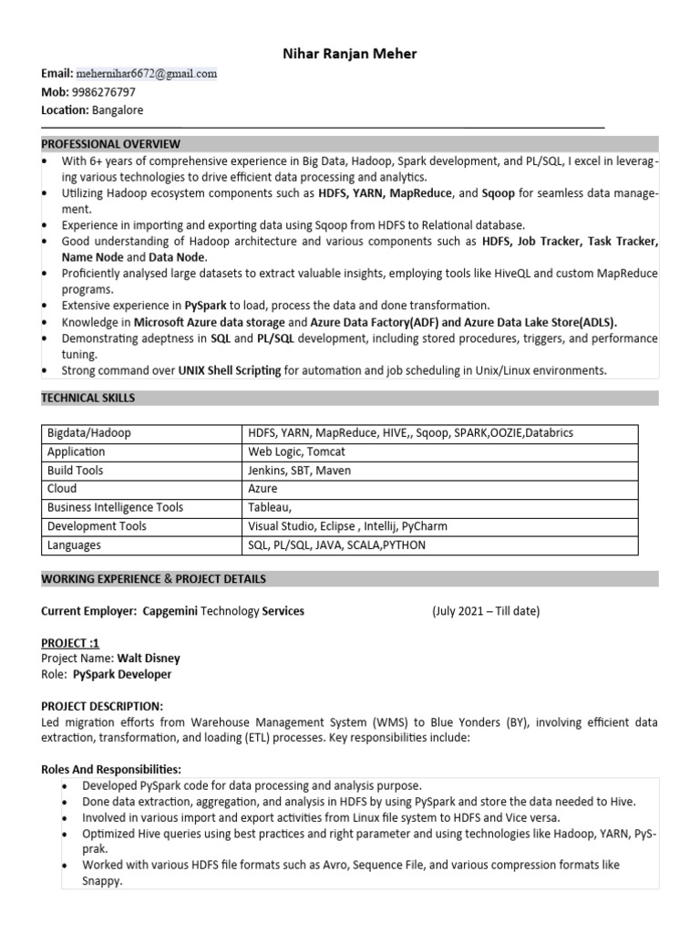 Nihar Meher Resume | PDF | Apache Hadoop | Apache Spark