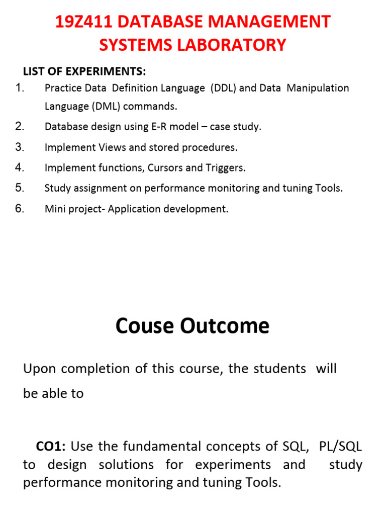 19Z411 Database Management Systems Laboratory: List of Experiments | PDF | Sql | Databases
