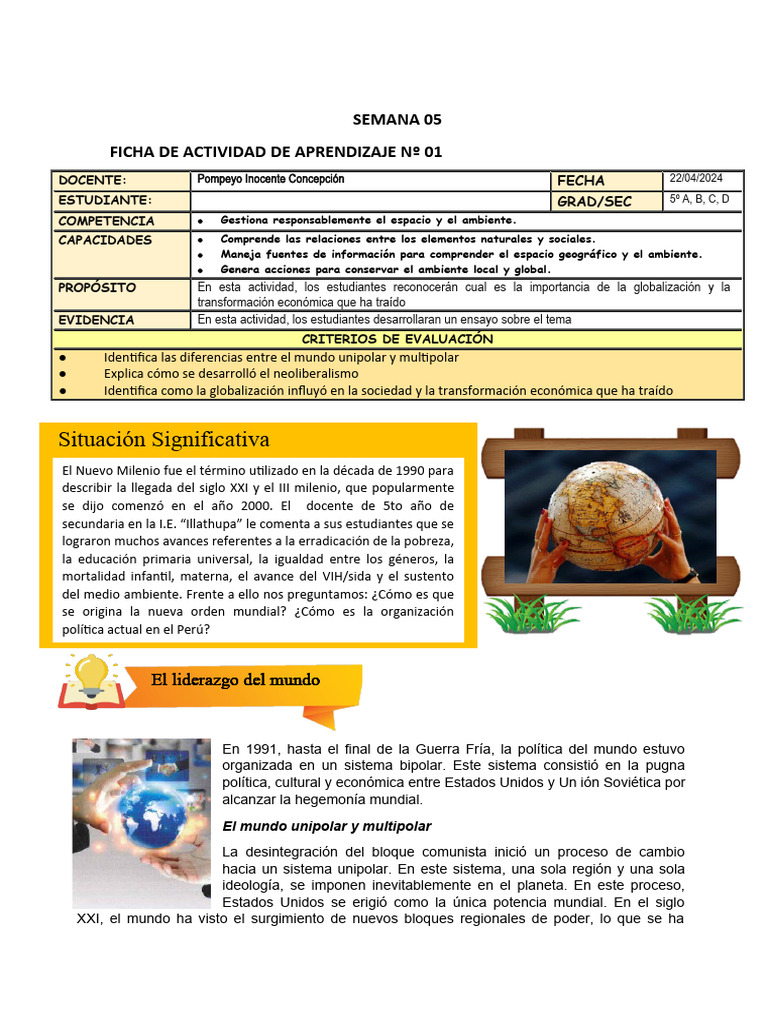 Ficha de Actividad CCSS 5° - Semana 1 Uni 2 | PDF | Neoliberalismo | Globalización