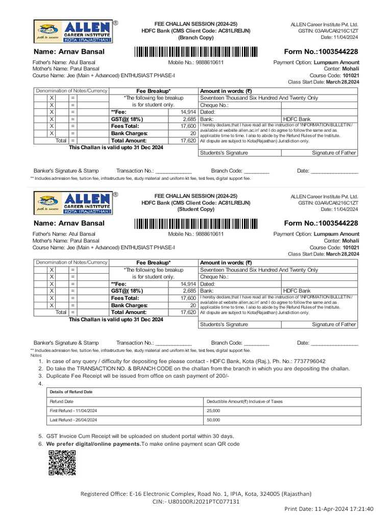 Name: Arnav Bansal Form No.:1003544228: Denomination of Notes/Currency ...