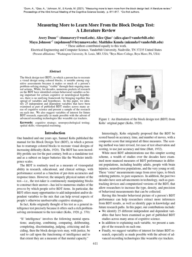 Dunn Et Al 2021 Measuring More To Learn More From The Block Design Test ...