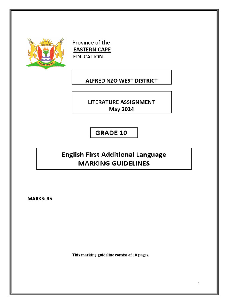 Grade 10 Literature Assignment Marking Guigelines 2024-1 | PDF