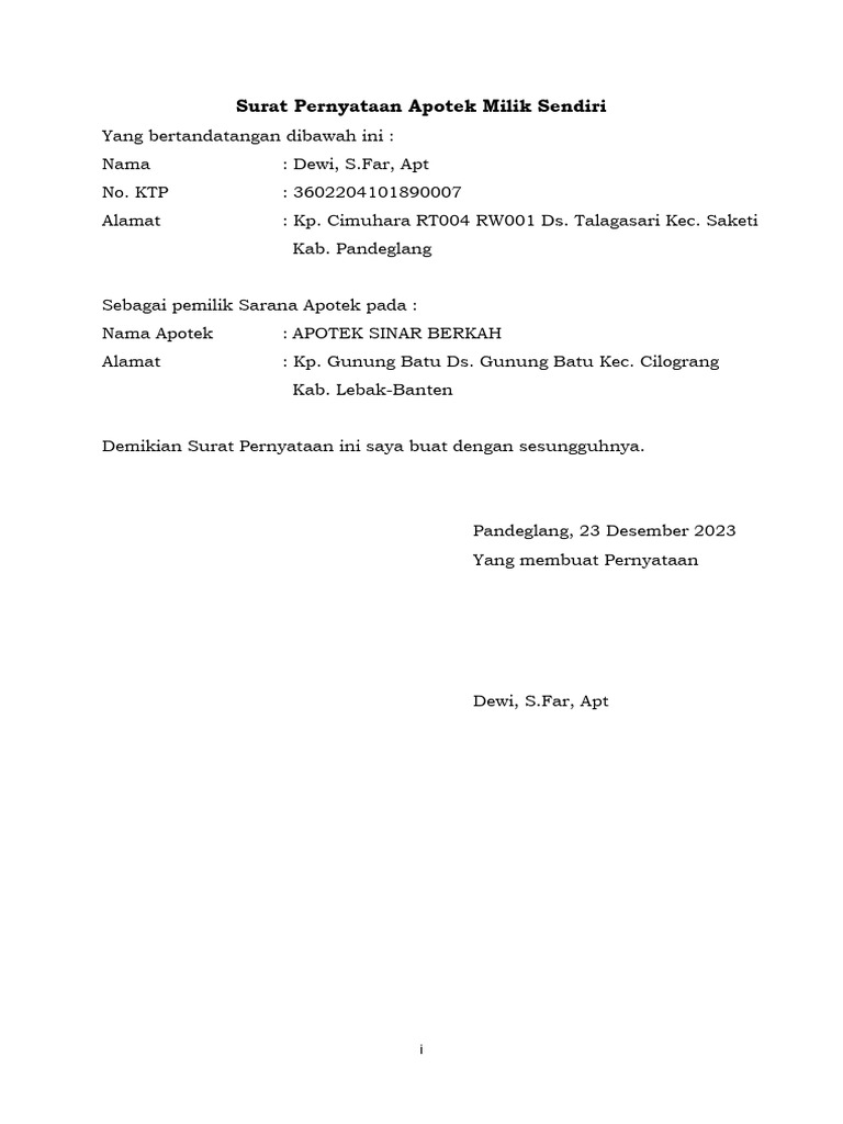 Surat Pernyataan Apotek Milik Sendiri | PDF
