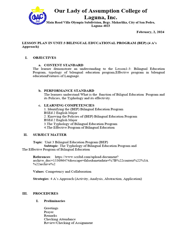 4as Lesson Plan Bilengual Final | PDF | Multilingualism | Cognition
