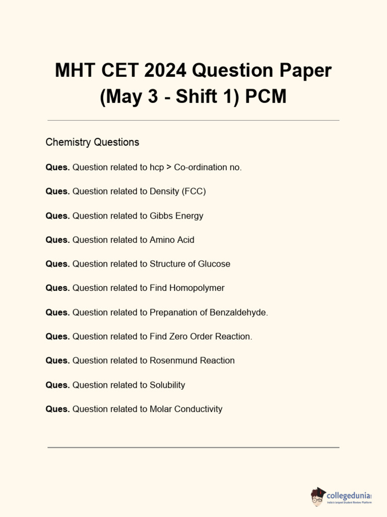 MHT CET 2024 May 3 Shift 1 Question Paper PCM | PDF