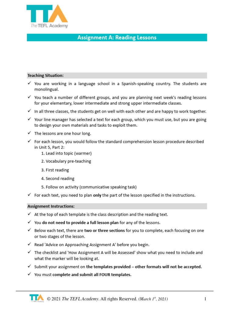 TEFL Assignment A: Reading Lesson Plan | PDF | Language Arts & Discipline
