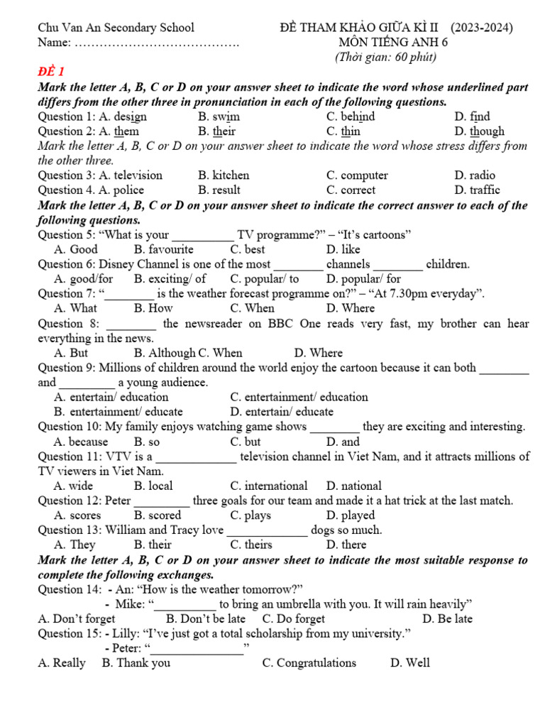 English Exam Sample for Grade 6 | PDF