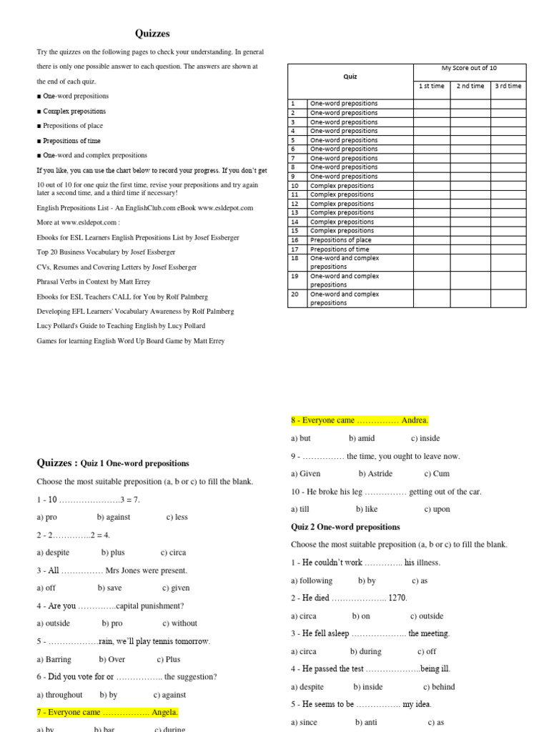Quizzes On Prepositions | PDF | English As A Second Or Foreign Language ...
