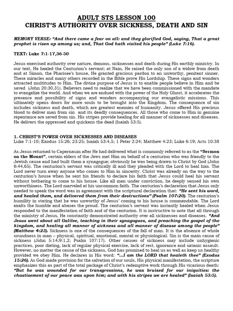 Adult STS Lesson 100 Christ's Authority Over Sickness J Death and | PDF | Jesus | Gospel Of Matthew