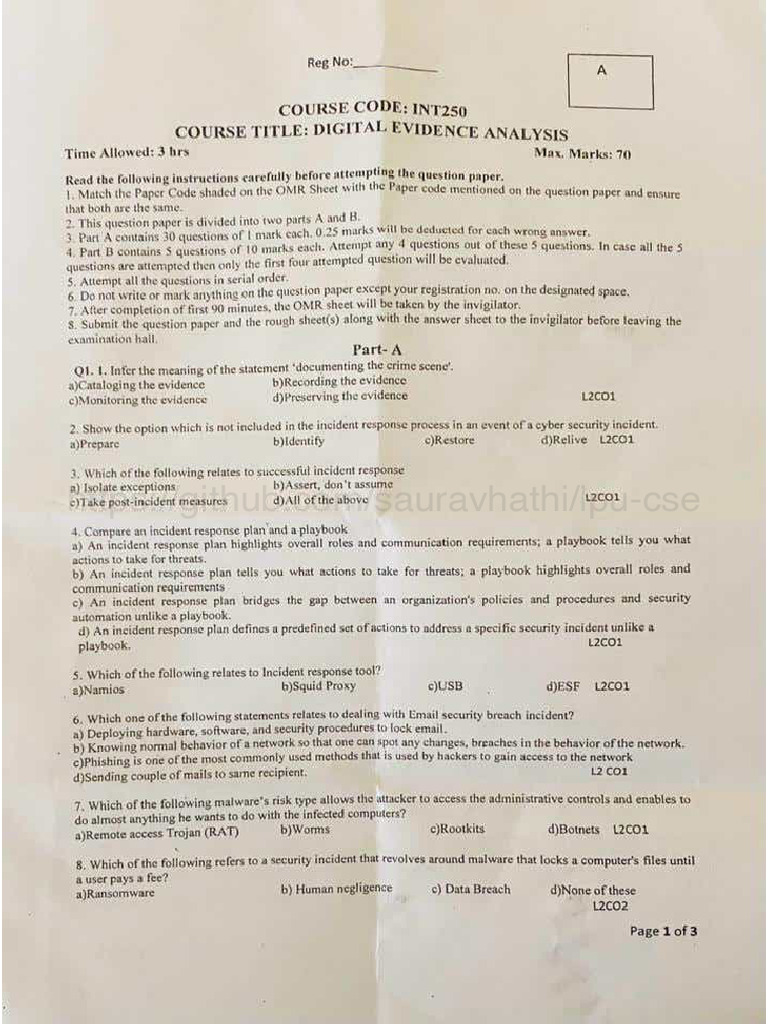 ETE INT250 - Digital Evidence Analysis Question Paper | PDF | Computer Forensics | Computer Network