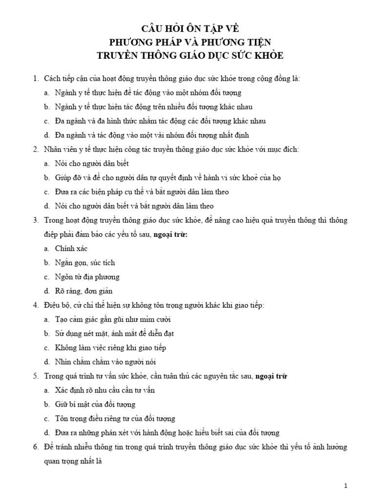 Cau Hoi On Tap - Phuong Phap Va Phuong Tien TT - GDSK - Dat - Gui Lop 2023 | PDF