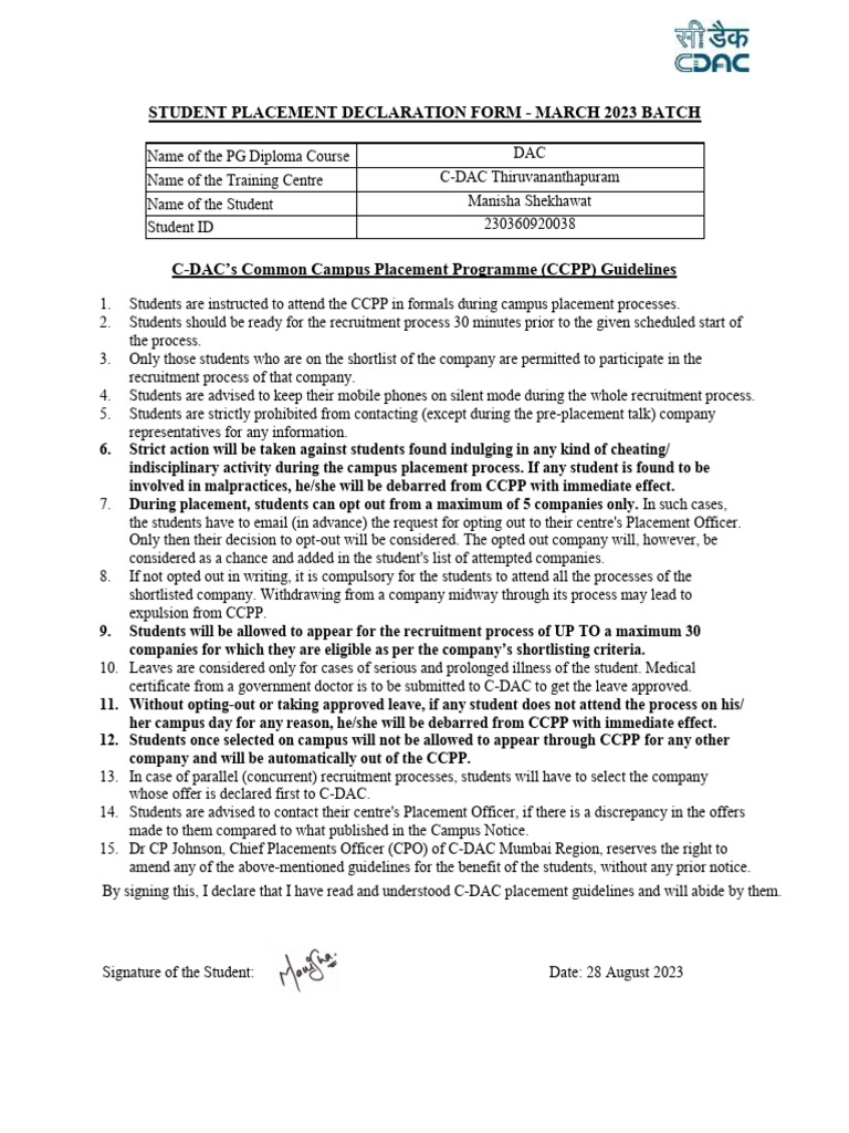 STUDENT PLACEMENT DECLARATION - Signed | PDF