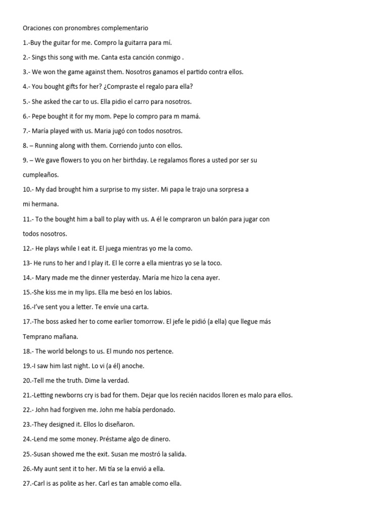 Oraciones Con Pronombres Complementario | PDF