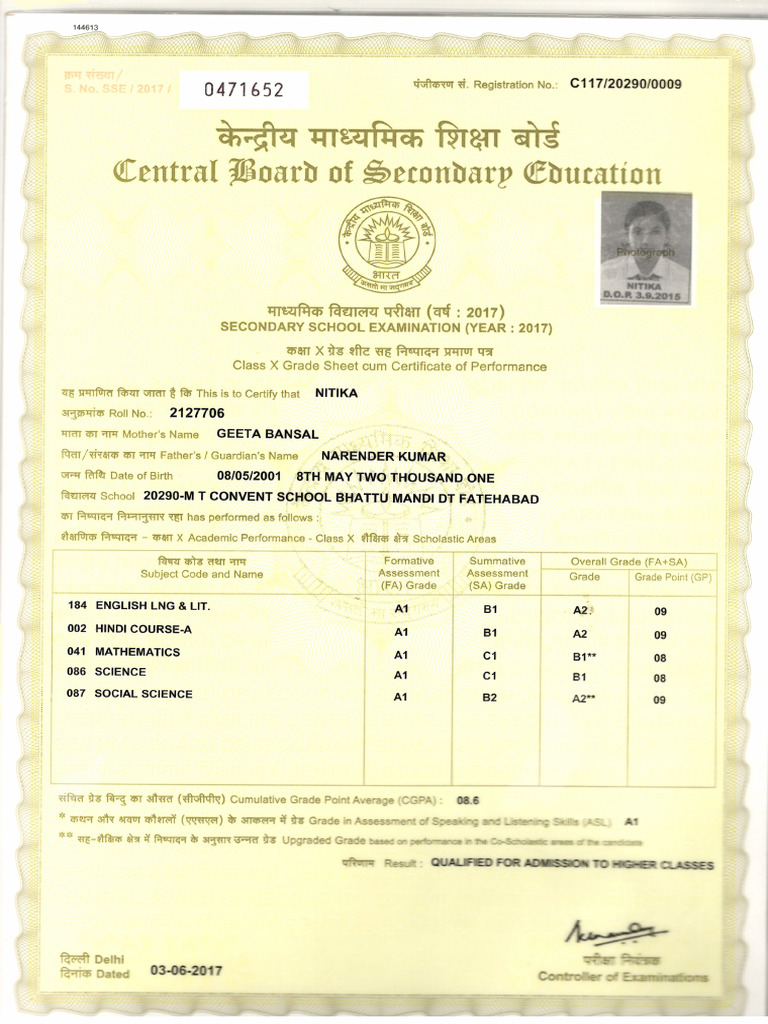 Class 10 Marksheet | PDF