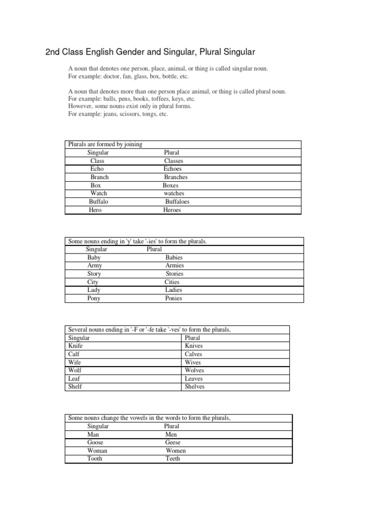 2nd Class English Gender and Singular | PDF | Plural | Noun