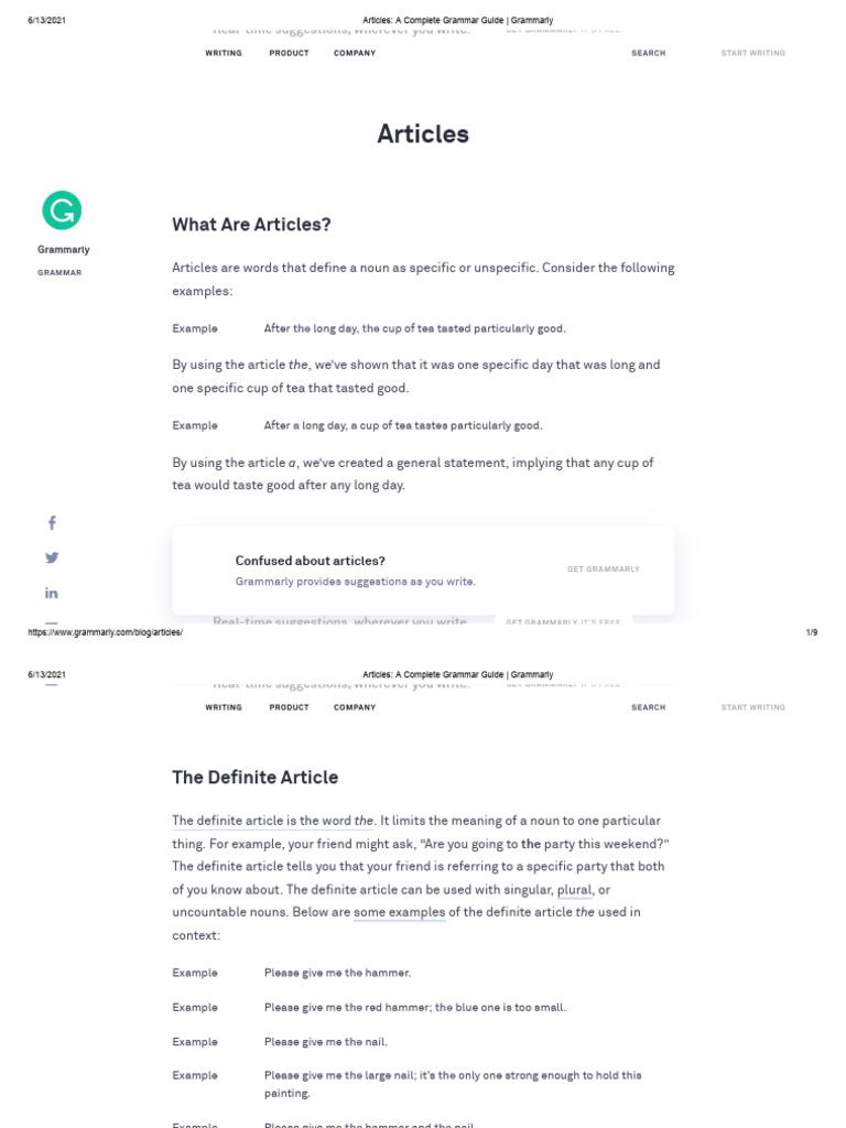Articles - A Complete Grammar Guide - Grammarly | PDF | Noun | Word