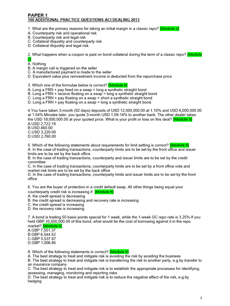 ACI Exam Fees and Practice Questions | PDF | Option (Finance ...