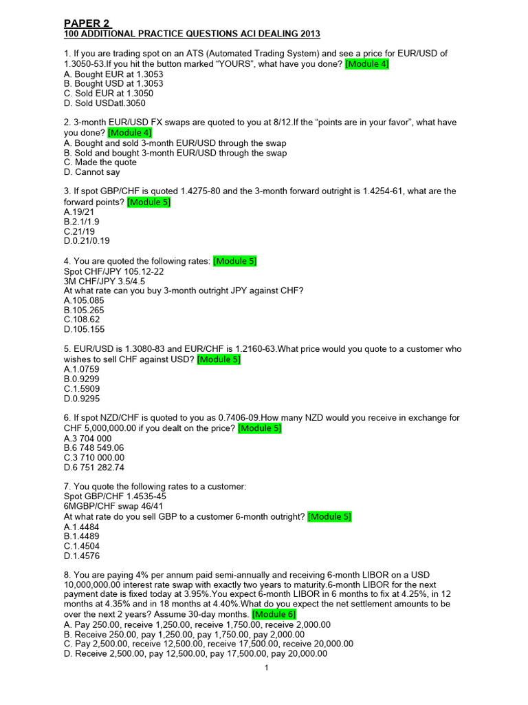 ACI Dealing Practice Exam 6 To Do | PDF | Option (Finance) | Financial Risk