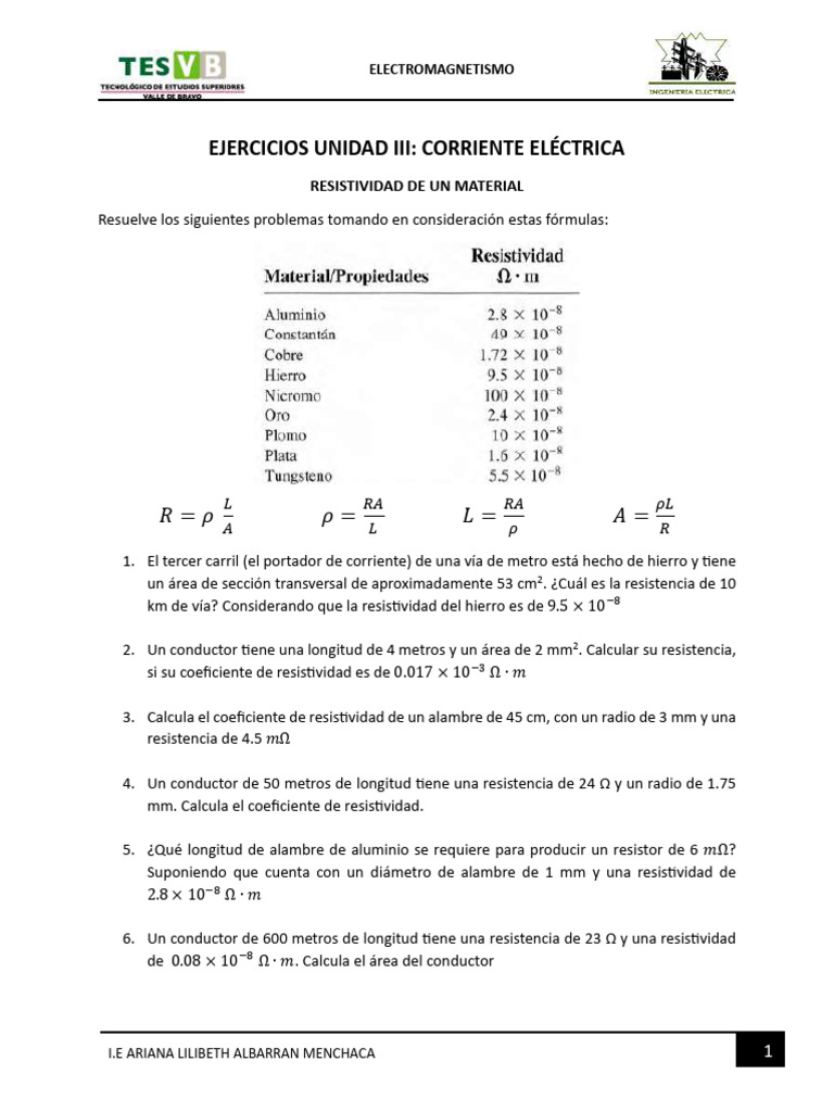 Ejercicios Electromagnetismo U3 | PDF | Resistencia Eléctrica y Conductancia | Resistividad ...