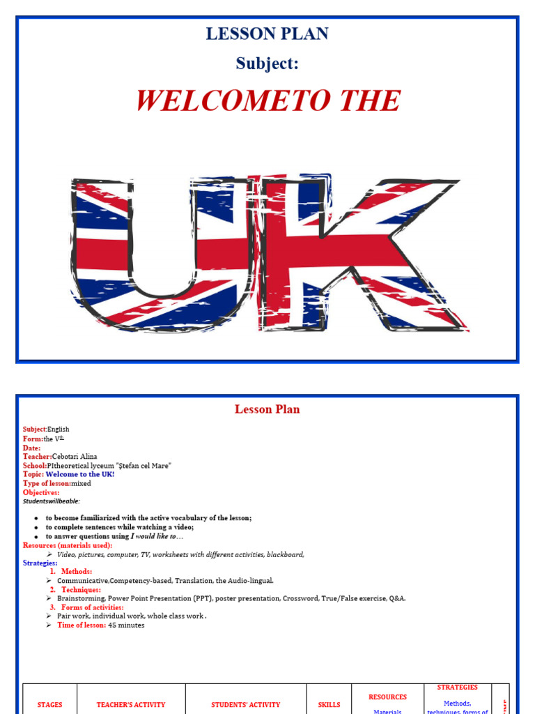 Lesson Plan Welcome To UK | PDF | Lesson Plan | Learning