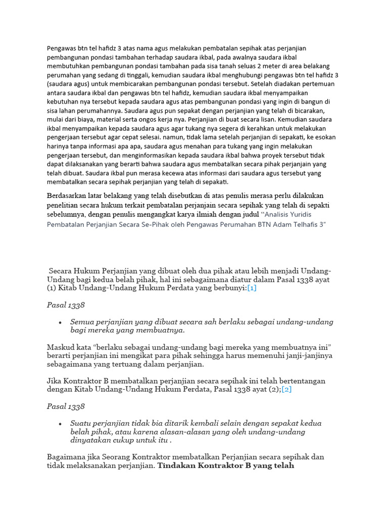Pengawas BTN Tel Hafidz 3 Atas Nama Agus Melakukan Pembatalan Sepihak Atas Perjanjian ...