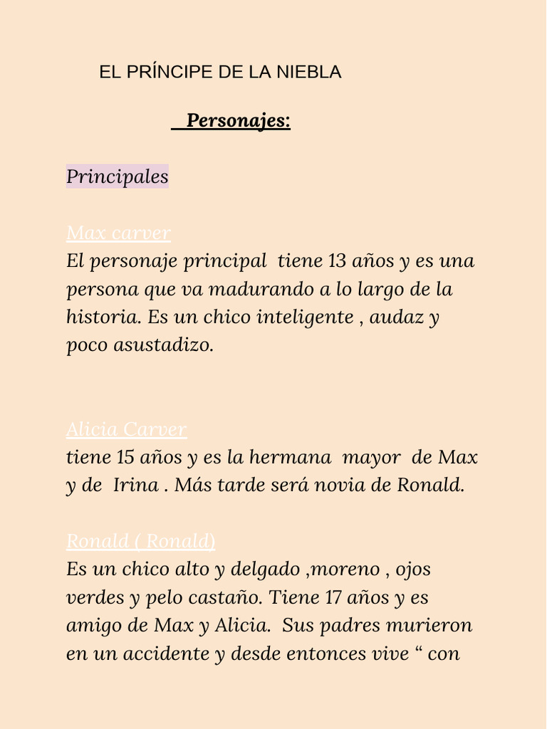 Resumenes Por Capitulos El Principe de La Niebla, Personajes, Etc... | PDF
