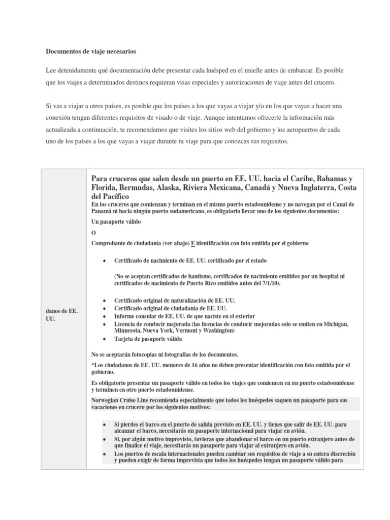 Documentos de Viaje Necesarios. Crucero | PDF | Visa de viaje | Crucero