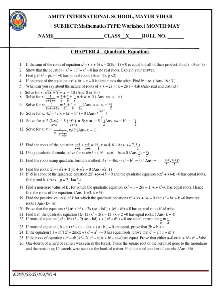 Ch 4 Quadratic Equations Class 10 Pdf Algebra Mathematics