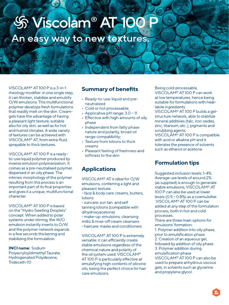 VISCOLAM® AT 100 P An Easy Way To New Textures | PDF | Emulsion ...