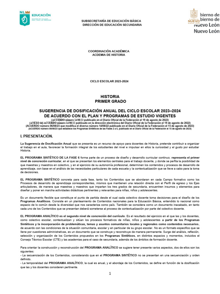 1°. Historia 23-24 - Sugerencia Dosif. Anual - 08sep2023 | PDF | Mesoamérica | Maestros