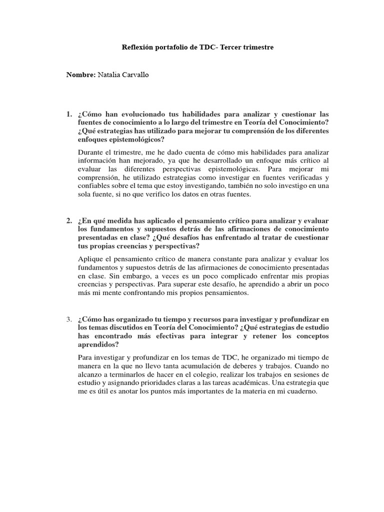 Reflexión Portafolio de TDC - Tercer Trimestre | PDF | Conocimiento ...