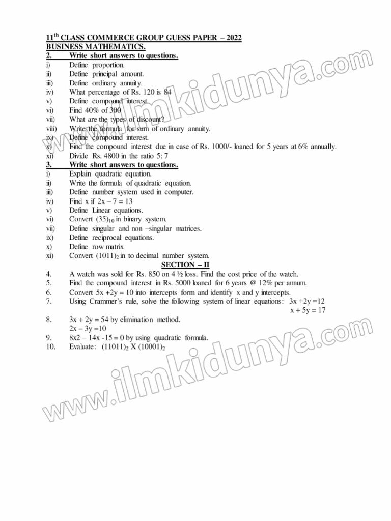 Inter Part I Business Maths Guess | PDF