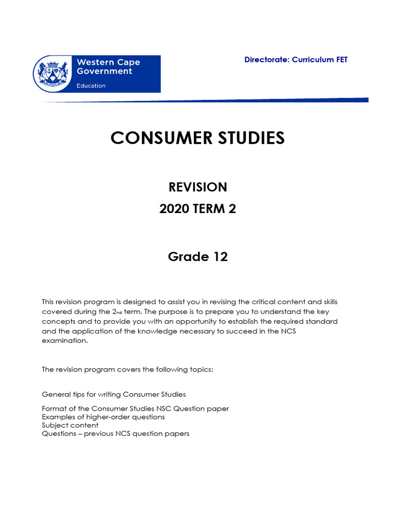 GR 12 Consumer Studies Term 2 Revision Materials | PDF | Fat | Foods