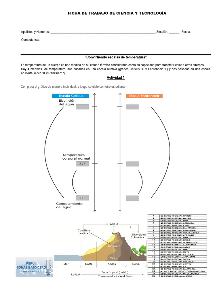 Ficha de Trabajo | PDF | Celsius | Temperatura