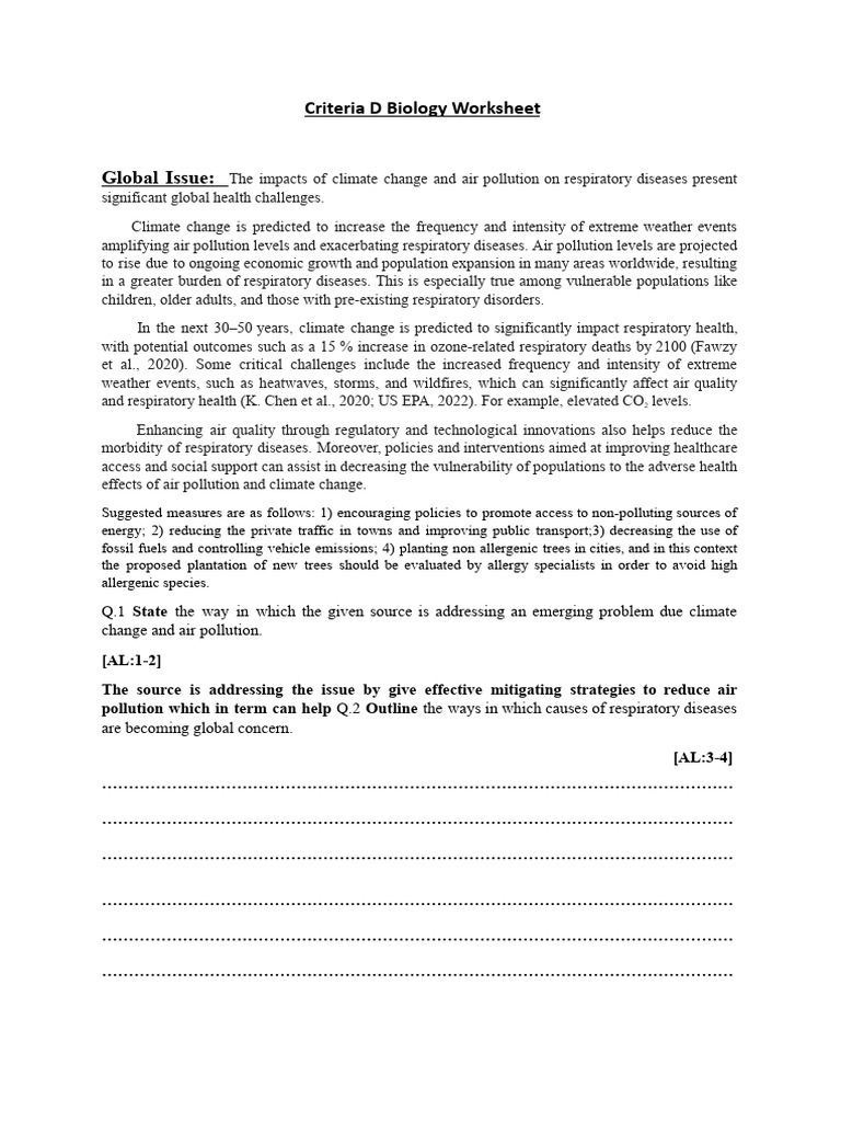 Biology Worksheet - Criterion D For MYP 3 IB Students | PDF | Air ...